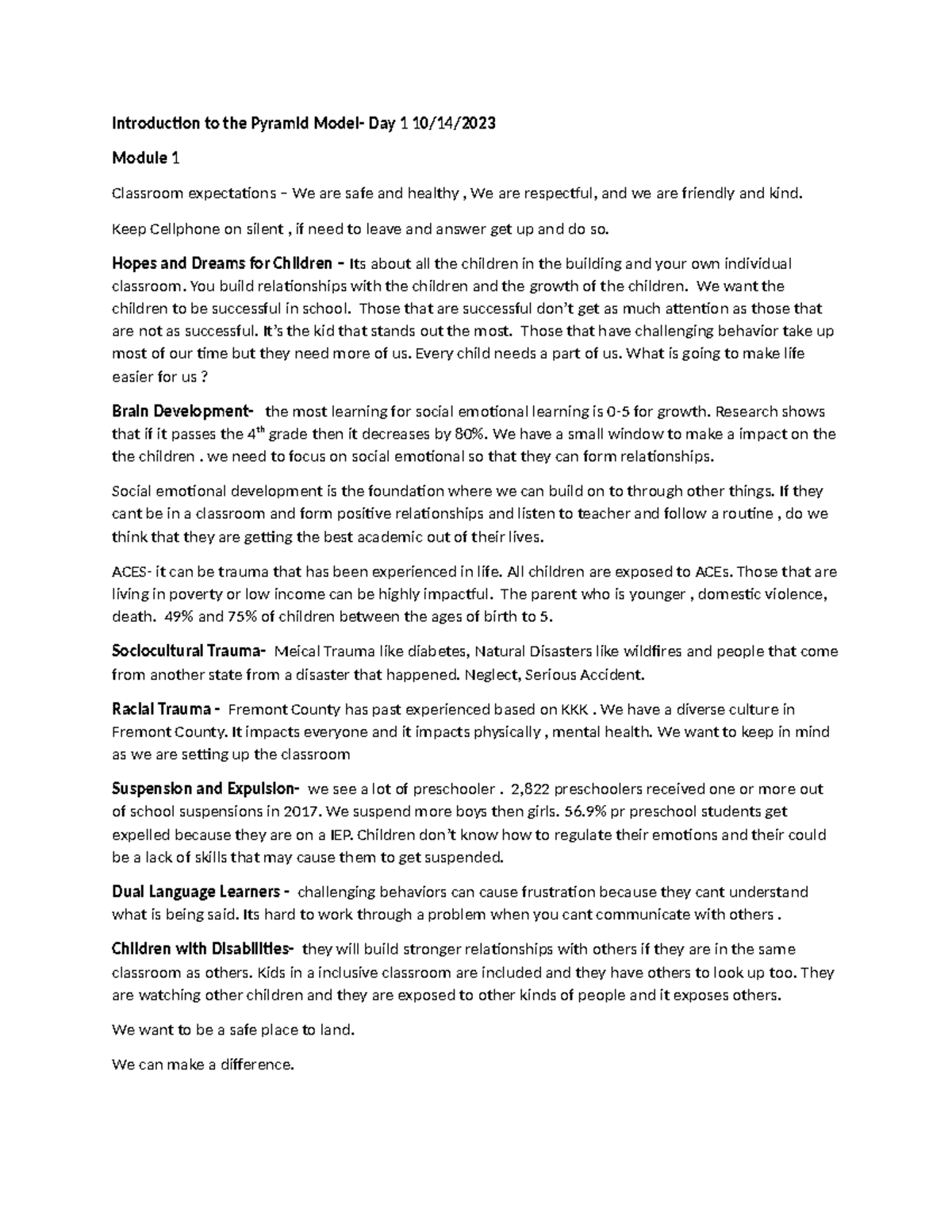 Introduction to the Pyramid Model: Day 1 Classroom Expectations and ...