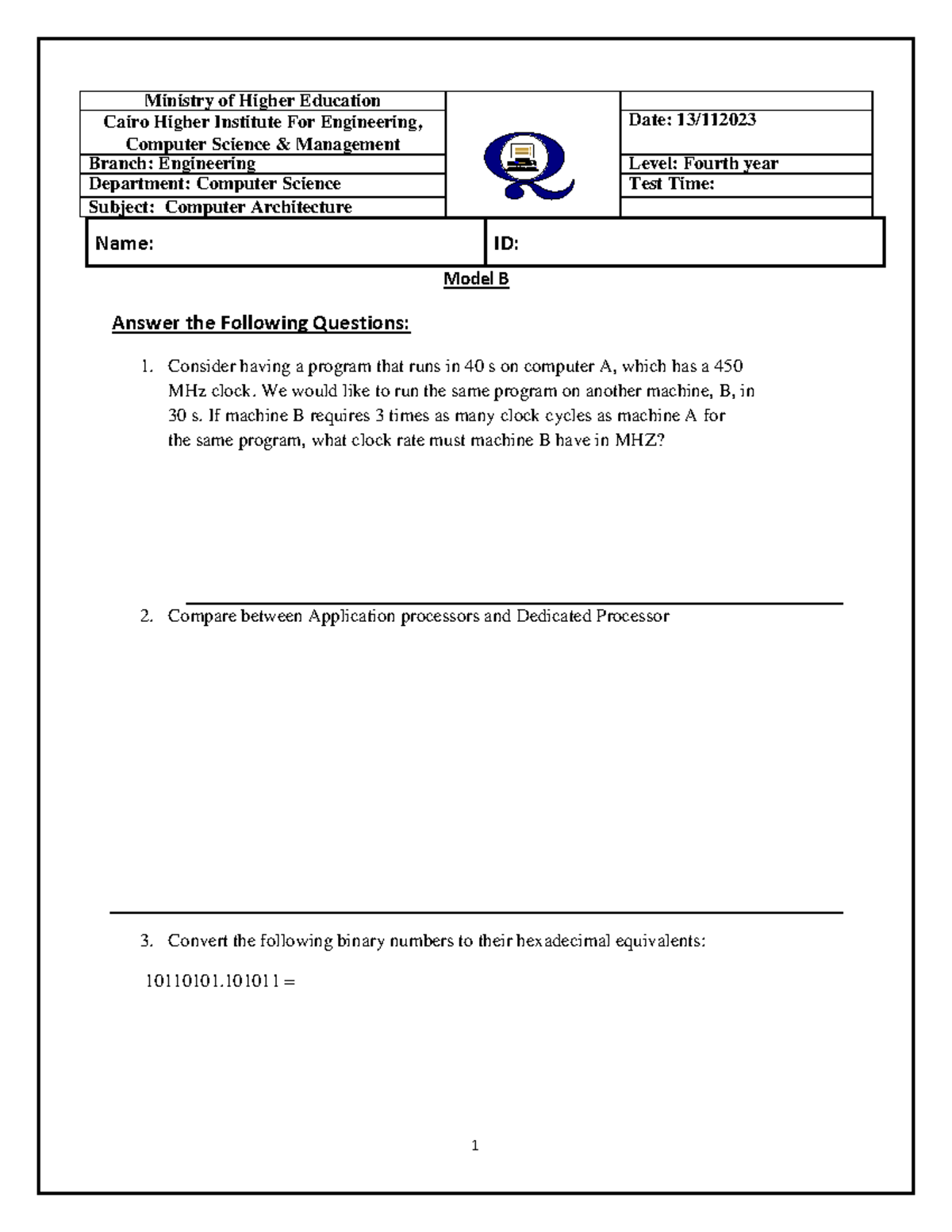 CA Model B - Computer Architecture Test Questions and Answers - Studocu