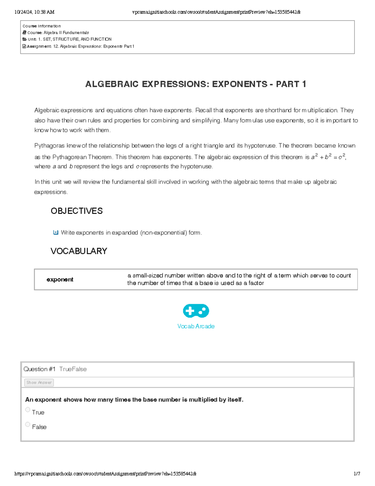 Algebra II Fundamentals: Assignment 12 on Exponents (Part 1) - Studocu