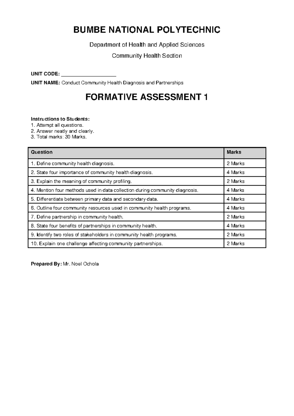 BUMBE POLYTECHNIC: Formative Assessment 1 on Community Health Diagnosis ...