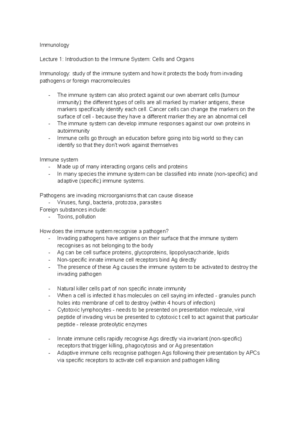 Immunology Spring Notes - Immunology Lecture 1: Introduction to the ...