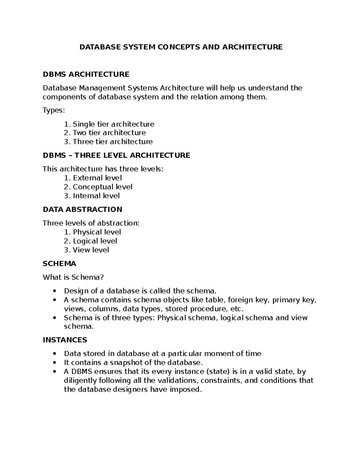 Database system concepts and architecture - DATABASE SYSTEM CONCEPTS AND ARCHITECTURE DBMS - Studocu