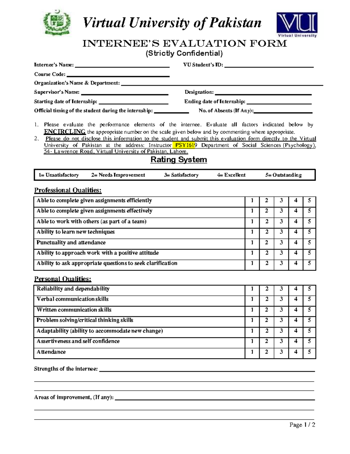 VU PSYI619 Internship Evaluation Form (Confidential) - Studocu