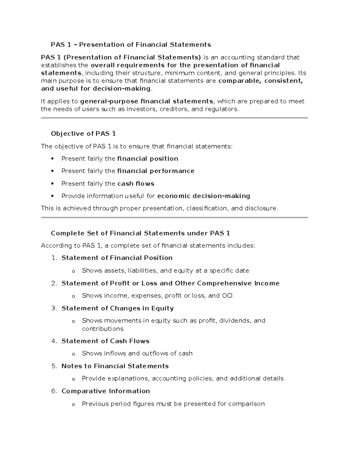 PAS 1 - Overview of Financial Statement Presentation Standards - Studocu