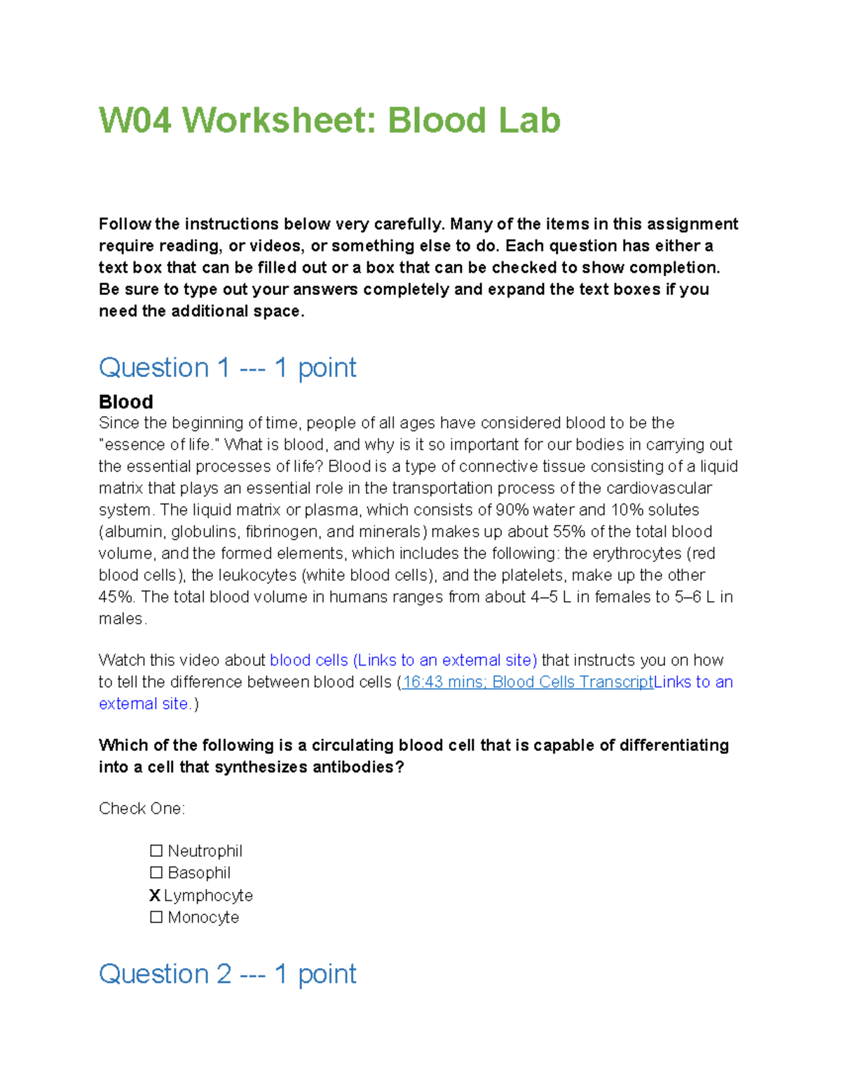 Blood Lab Worksheet