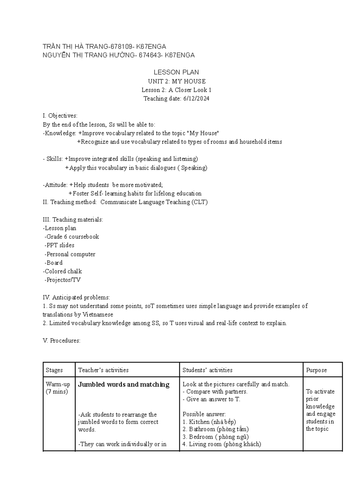 Lesson Plan for Unit 2: My House - K67ENGA - Studocu