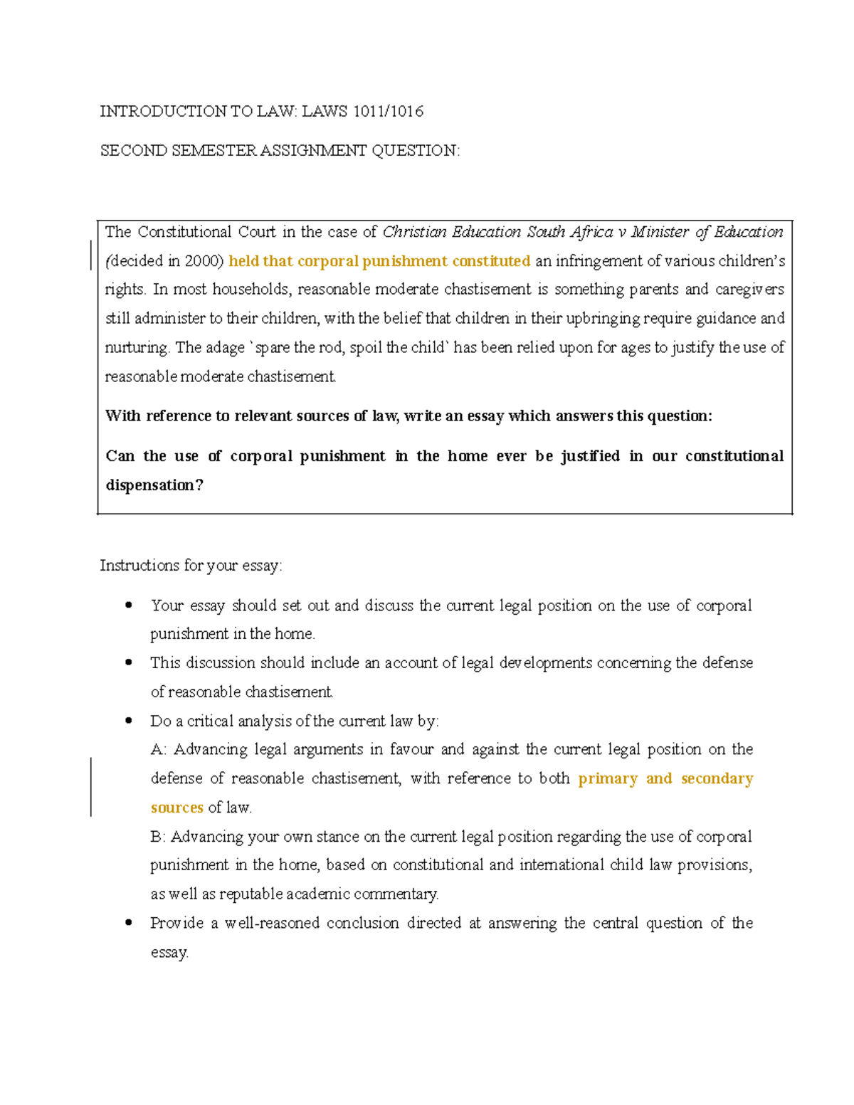 Intro TO LAW Essay Question AND Instructions 2023 final - INTRODUCTION ...