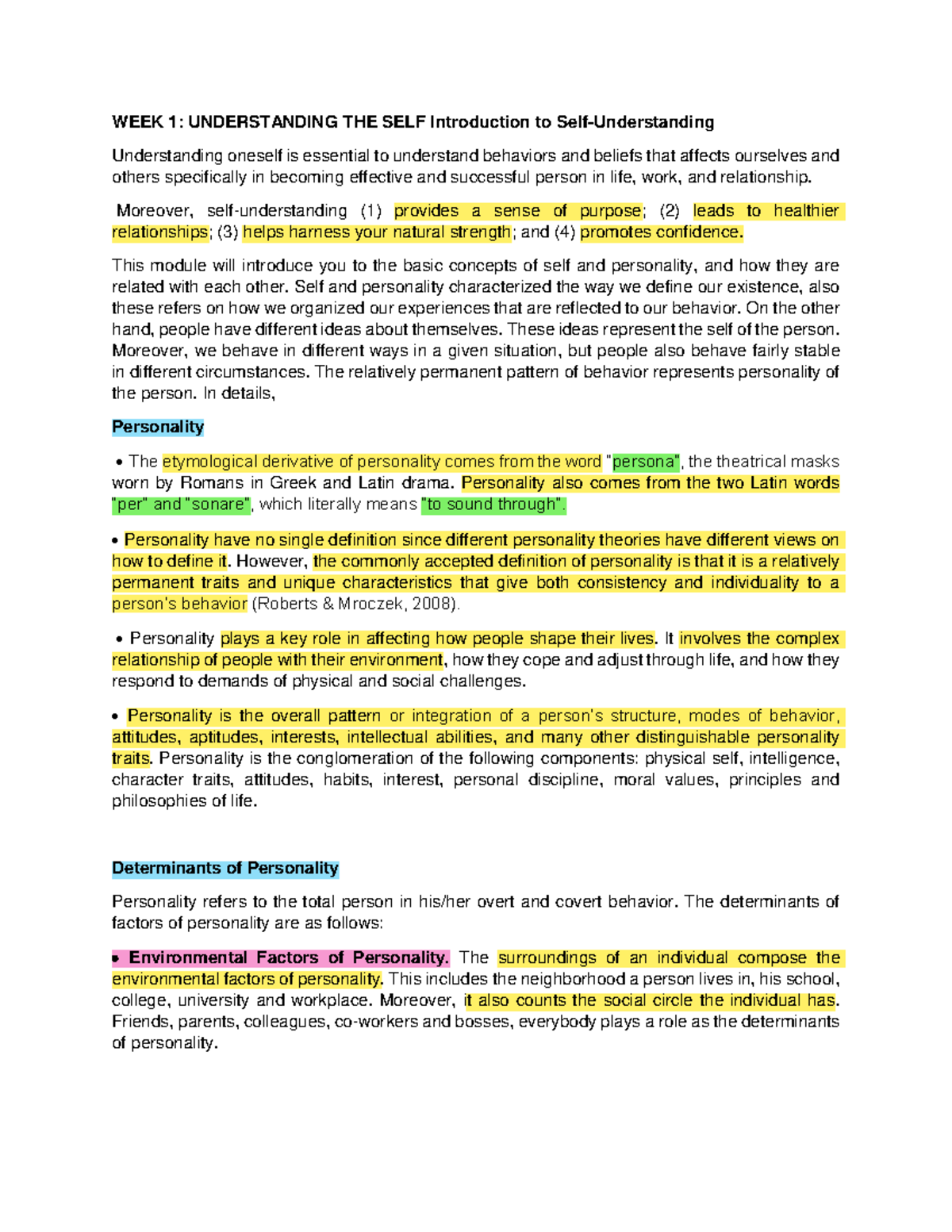 PSY 101 - Week 1: Understanding Self and Personality Concepts - Studocu