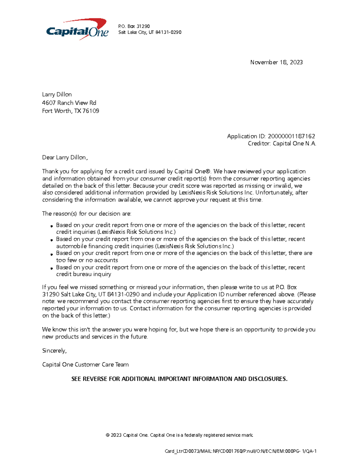 Adverse Action Letter - Capital One Application ID: 20000001187162 ...