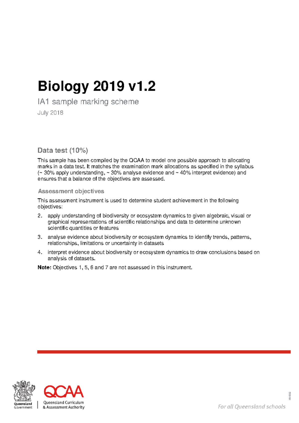 Biology 2019 IA1 Data Test Exemplar Marking Scheme - QCAA - Studocu