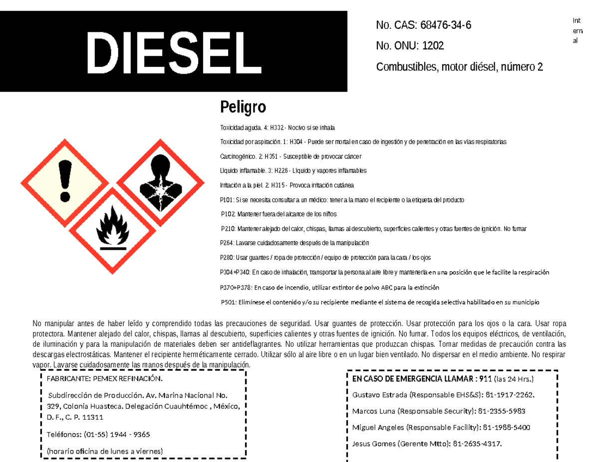 389476126 Etiqueta de Seguridad para Diesel No. CAS 68476-34-2 - Studocu