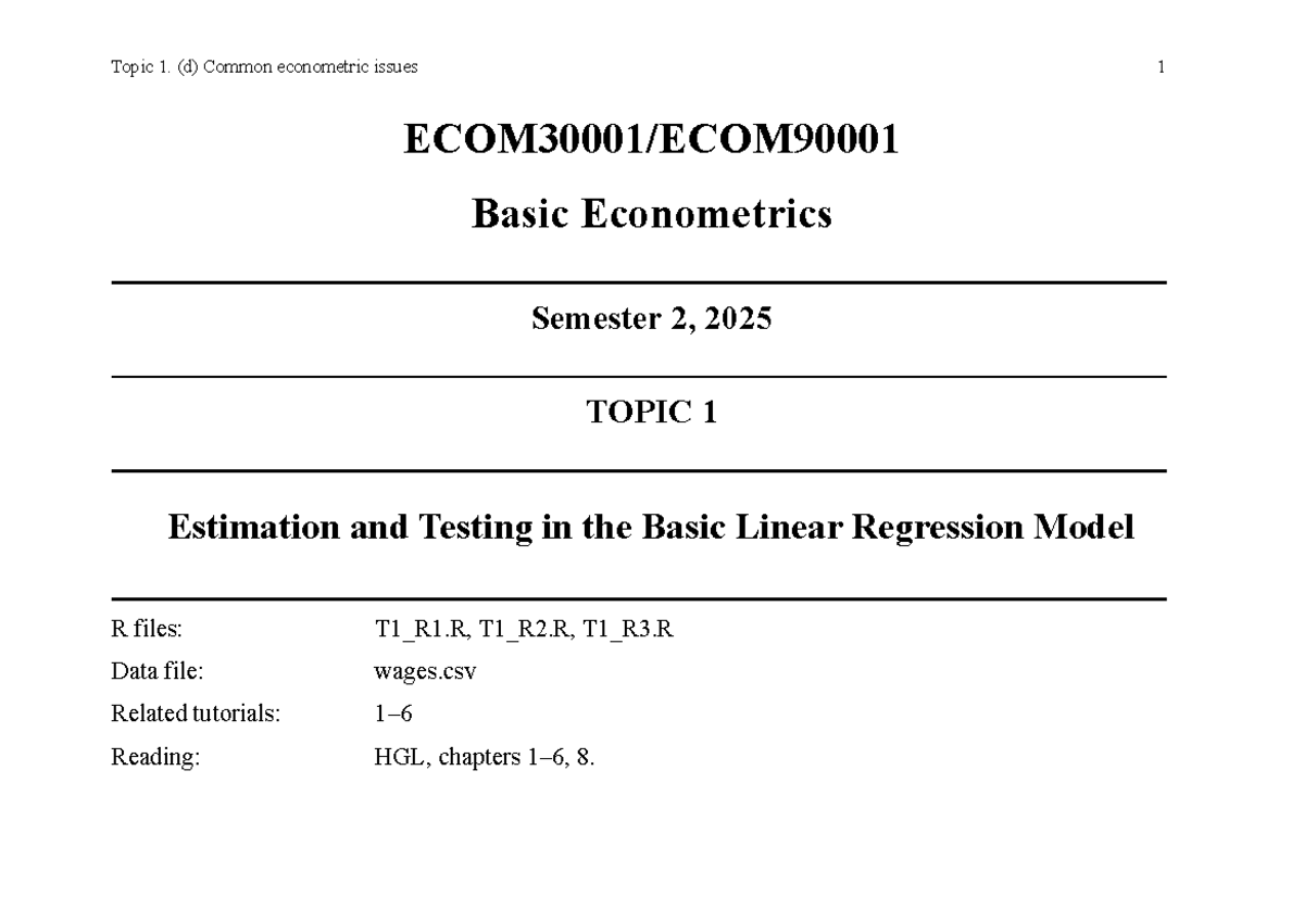 Topic 1 (d) Common Econometric Issues in Basic Econometrics - Studocu
