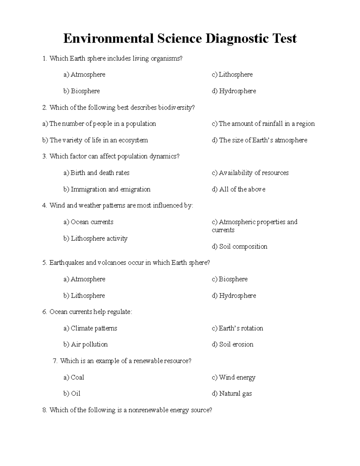 Environmental Science Diagnostic Test 1: Key Concepts and Questions ...