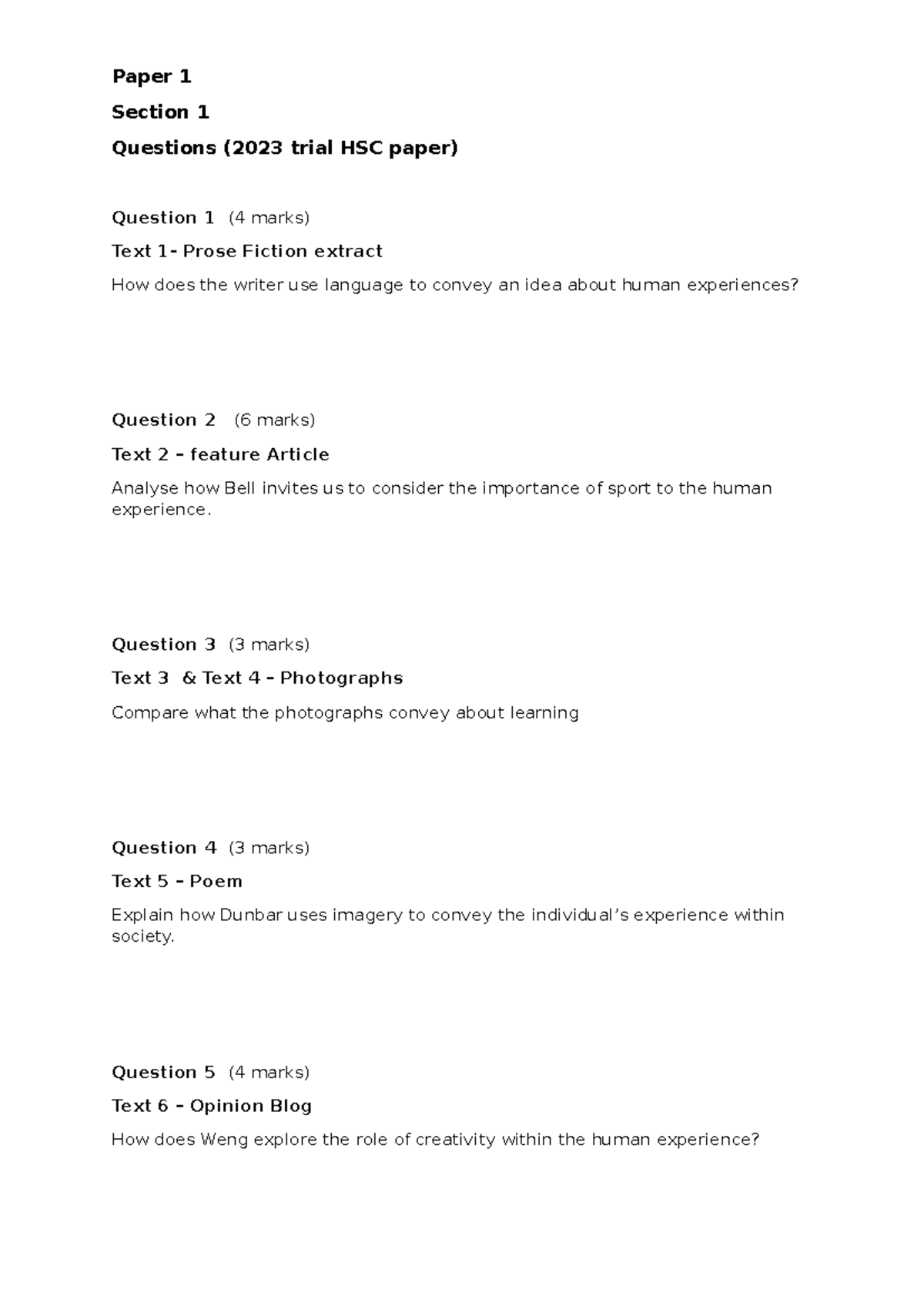 2023 Trial HSC Paper 1 Section 1 Questions Analysis - Studocu
