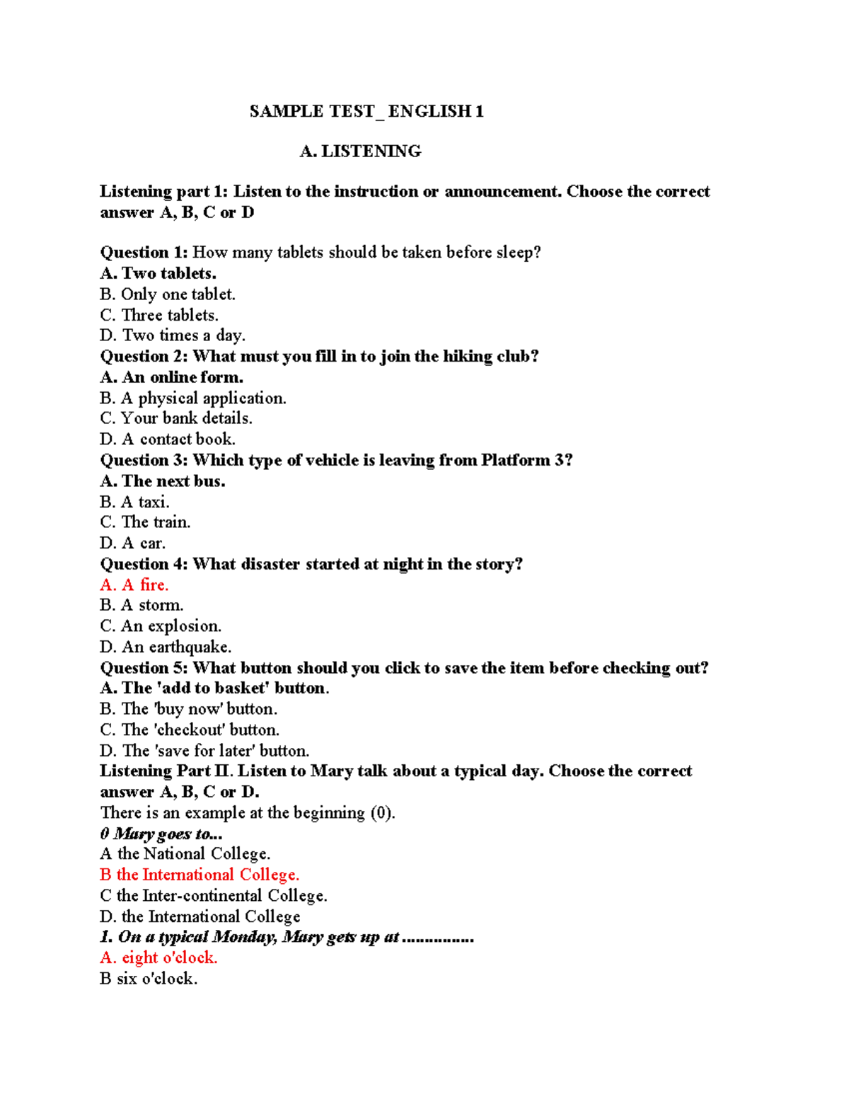 Sample Final Test on English 1: Listening & Reading - Studocu