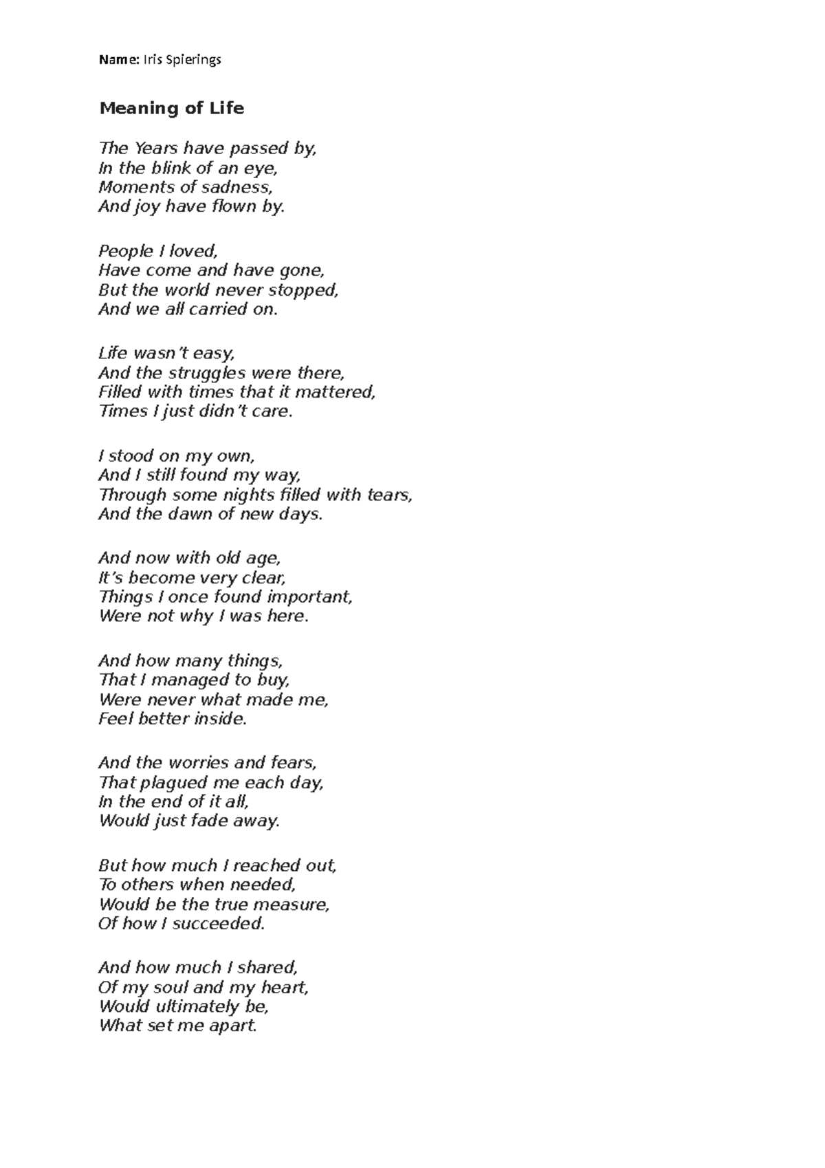 Engels Iris - The Meaning of Life: A Personal Reflection Essay ...