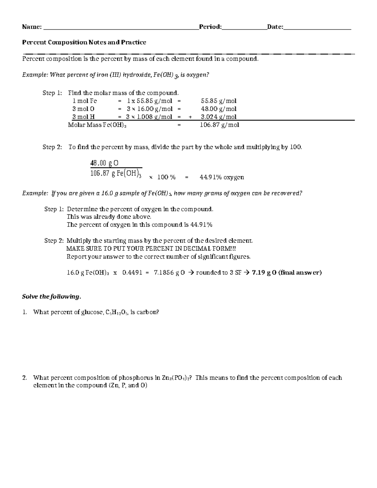 Molar Mass & Percent Composition Practice WS 2 Notes - Studocu