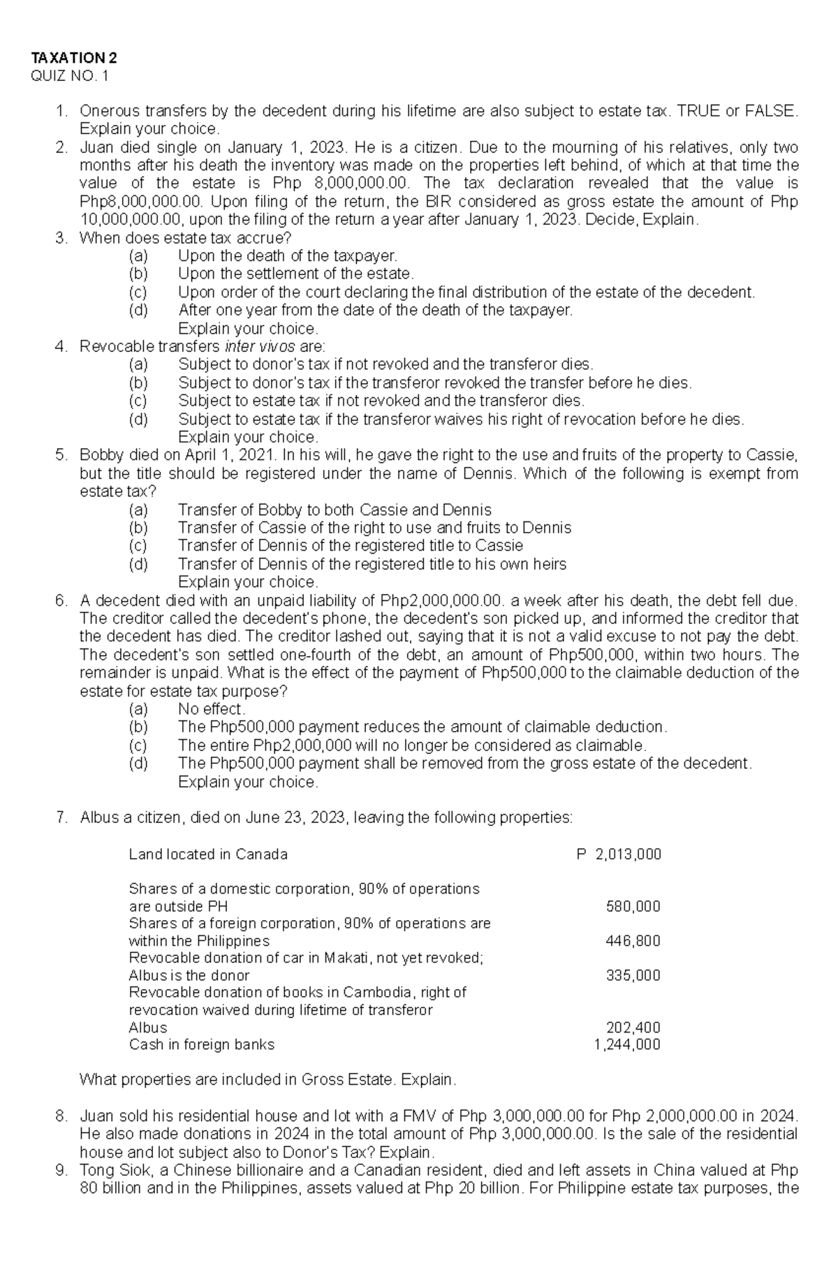 Taxation-2: Quiz No. 1 on Estate Tax Concepts and Cases - Studocu