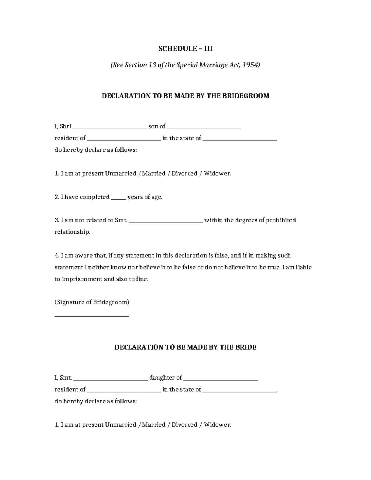 Schedule III Declaration Form - Special Marriage Act, 1954 - Studocu