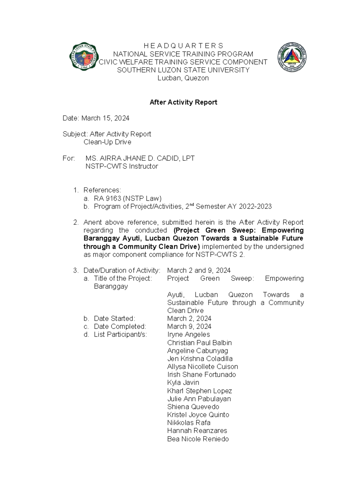 NSTP-CWTS 2 After Activity Report: Community Clean-Up Drive Insights ...