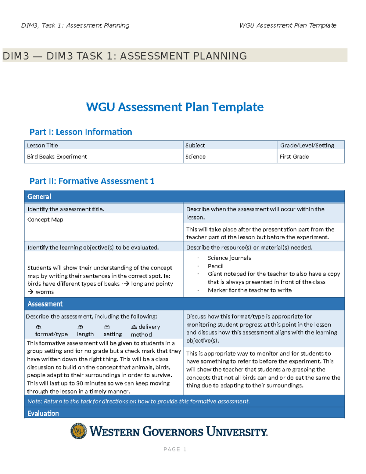 DIM3 Task 1: Bird Beaks Experiment Assessment Planning Guide - Studocu