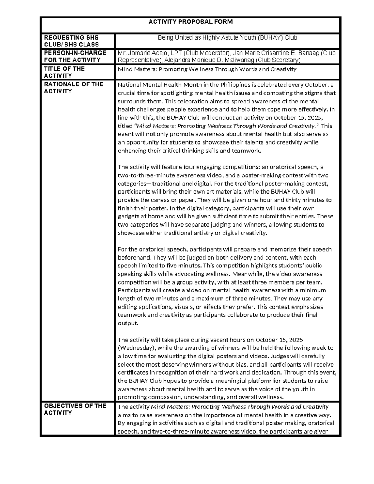 Buhay Club Activity Proposal: Mind Matters on Mental Health Awareness - Studocu