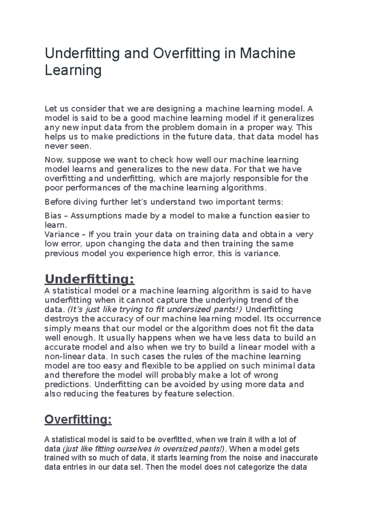 Underfitting and Overfitting in Machine Learning - A model is said to ...