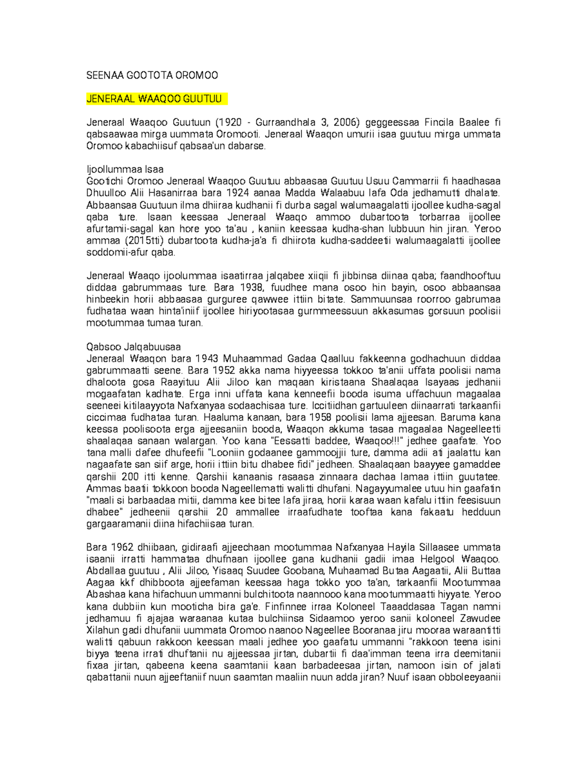 Seenaa Gootota Oromoo: Jeneraal Waaqoo Guutuu fi Jaarraa Abbaa Gadaa ...