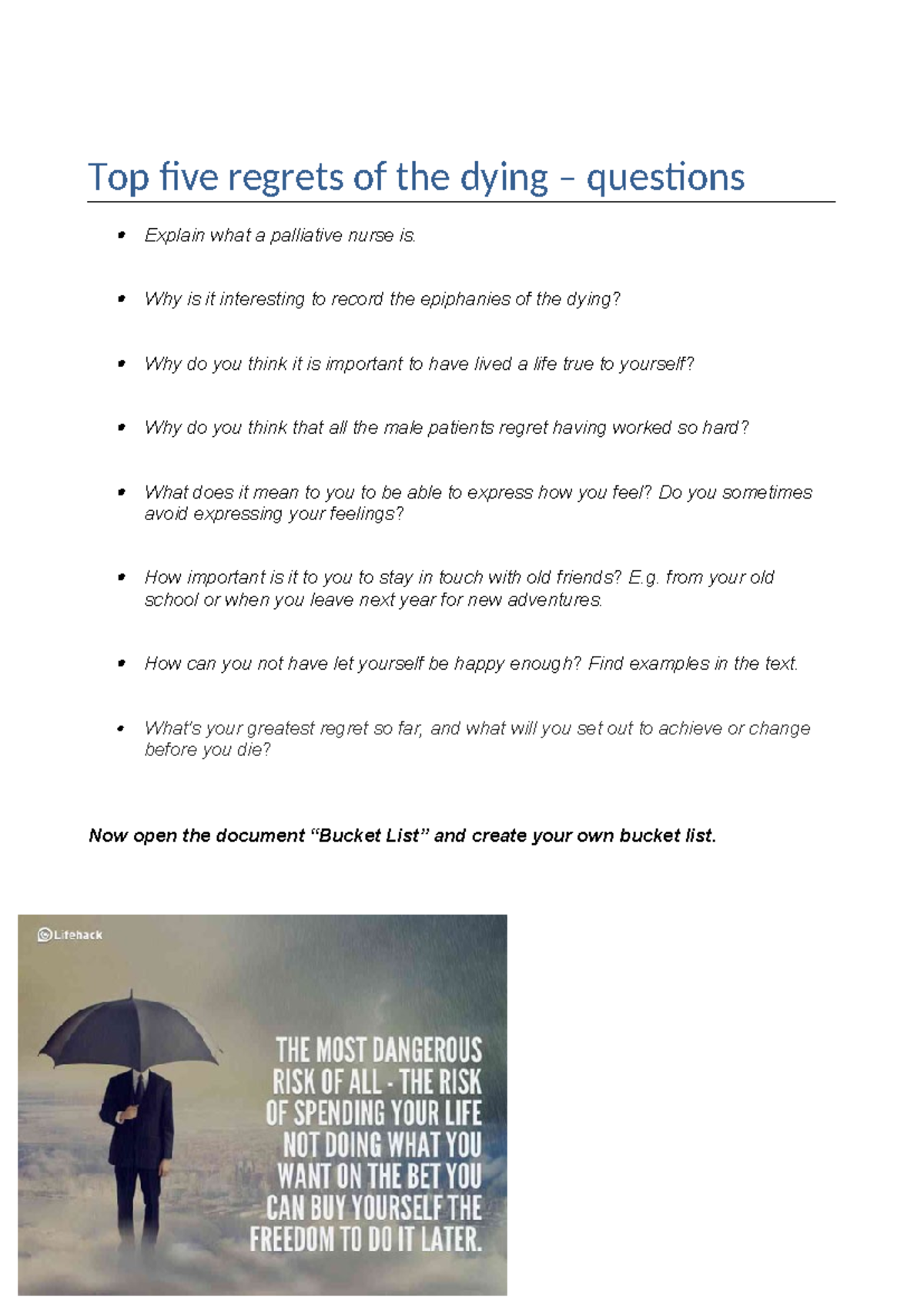 Top 5 Regrets of the Dying: Reflection Questions & Bucket List - Studocu