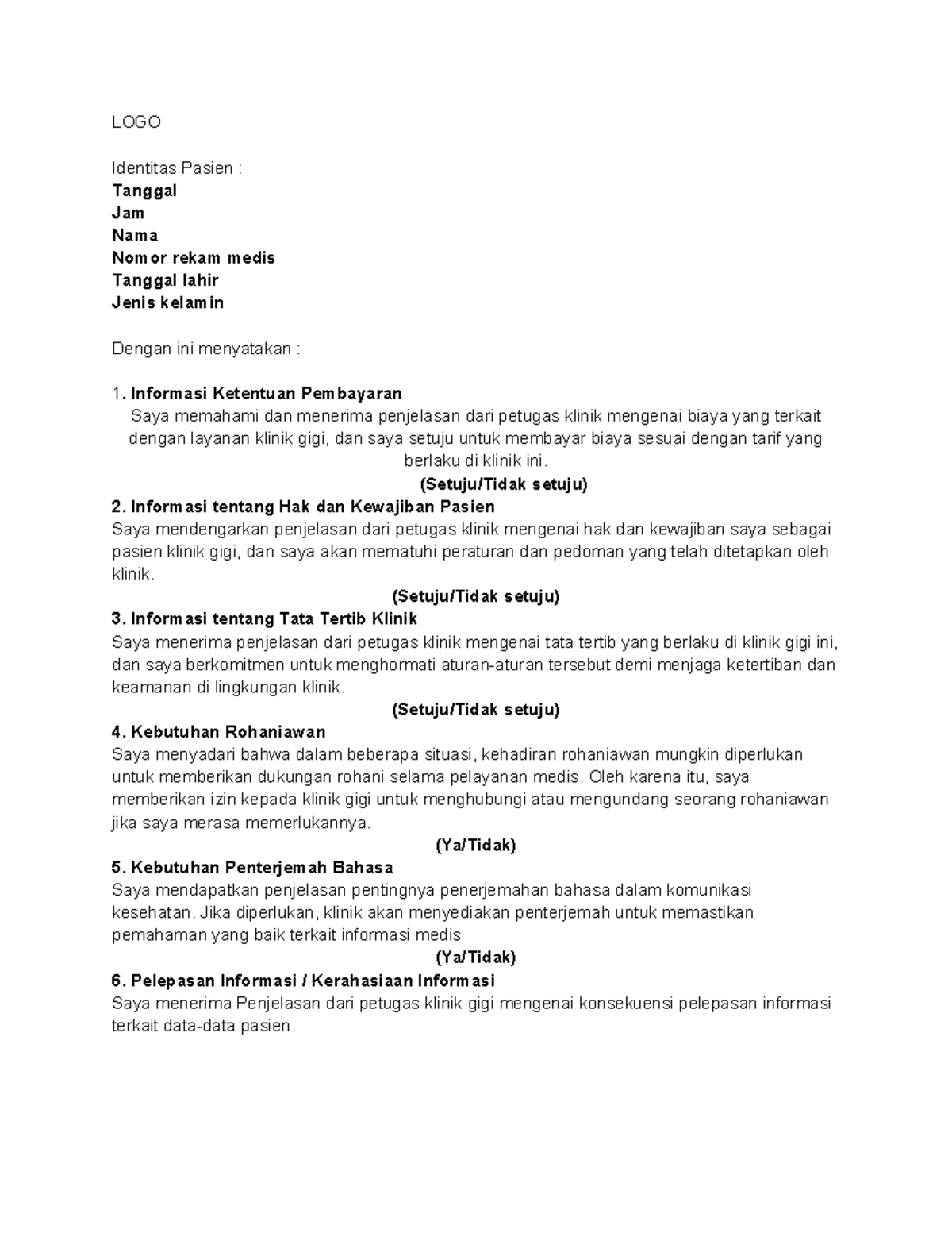 LOGO Identitas Pasien: General Consent Form for Dental Clinic - Studocu