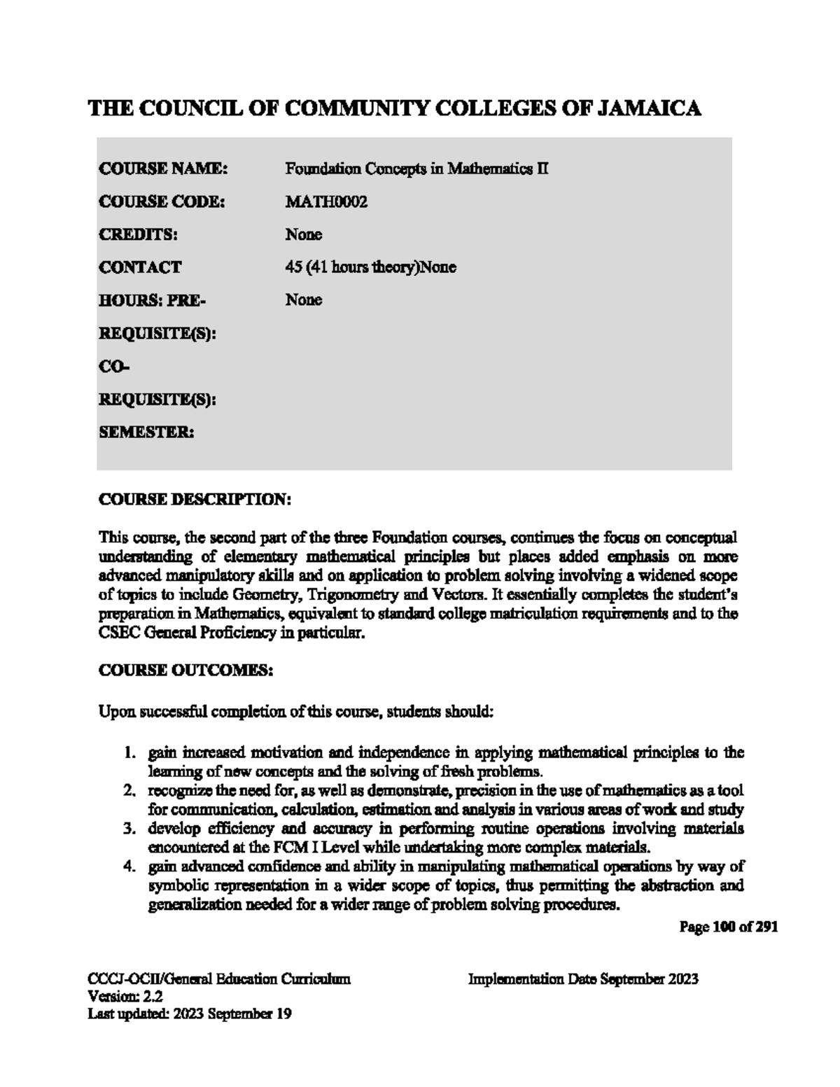 FCM 2 Course Outline: Foundation Concepts in Mathematics II - Studocu