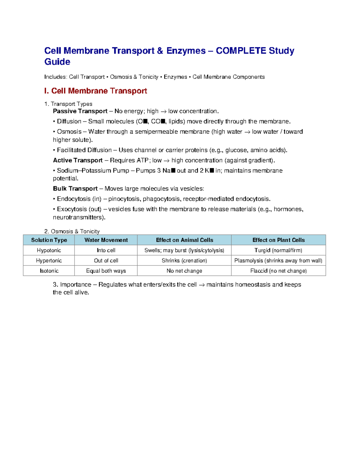 Cell Membrane Transport & Enzymes Study Guide (Biology 101) - Studocu