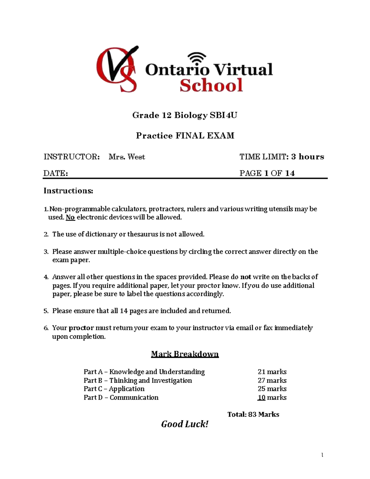 Grade 12 Biology SBI4U Practice Final Exam - Instructor Mrs. West - Studocu