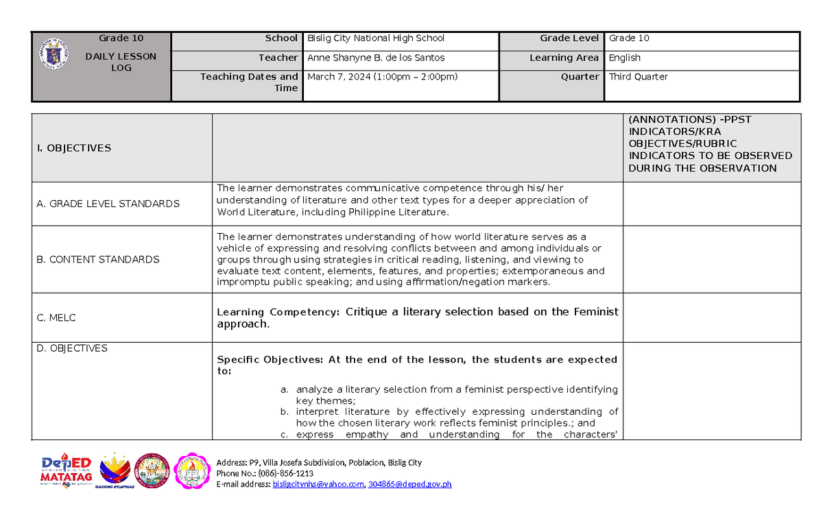 DLL CO 3 Feminist Approach - Address: P9, Villa Josefa Subdivision ...