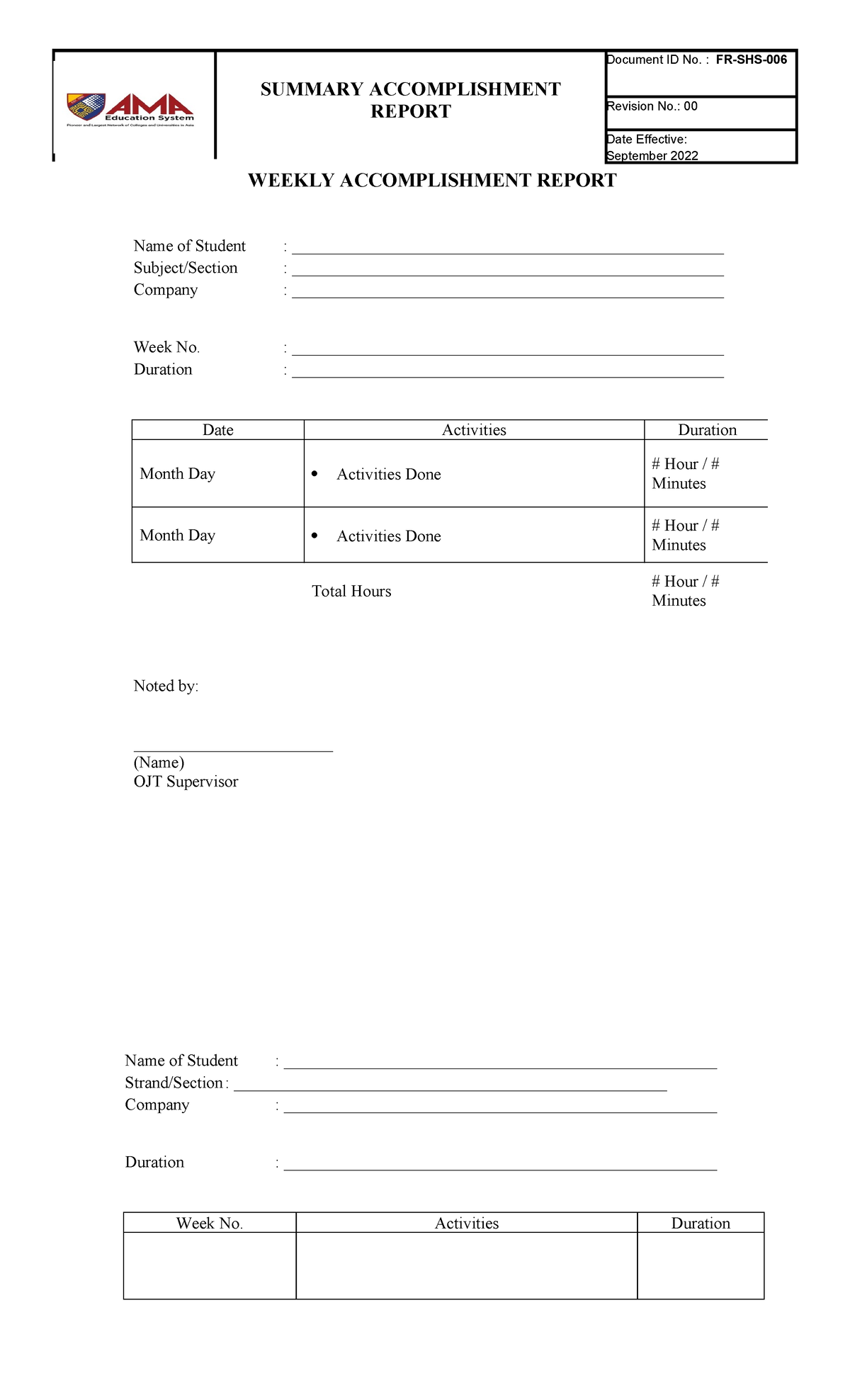 SHS Summary Accomplishment Report 006 - Weekly Activities Log - Studocu