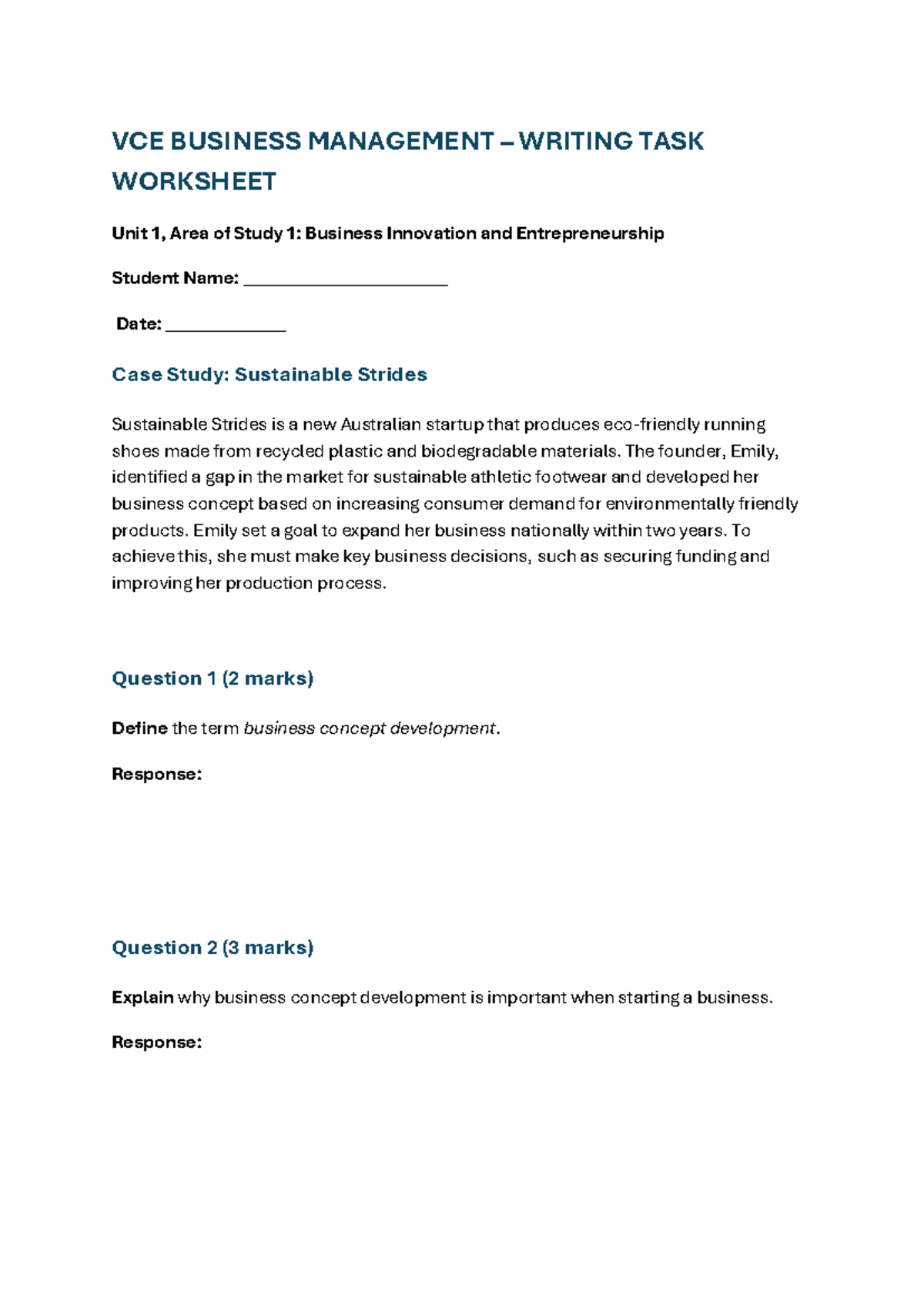 Worksheet - VCE BUSINESS MANAGEMENT – WRITING TASK WORKSHEET Unit 1 ...