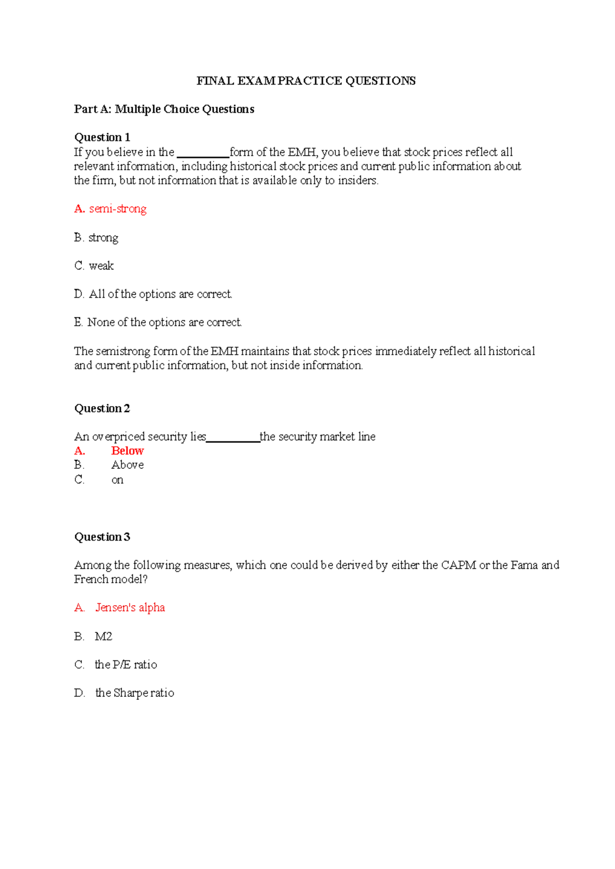 FINAL EXAM PRACTICE QUESTIONS: EMH & Investment Strategies - Studocu