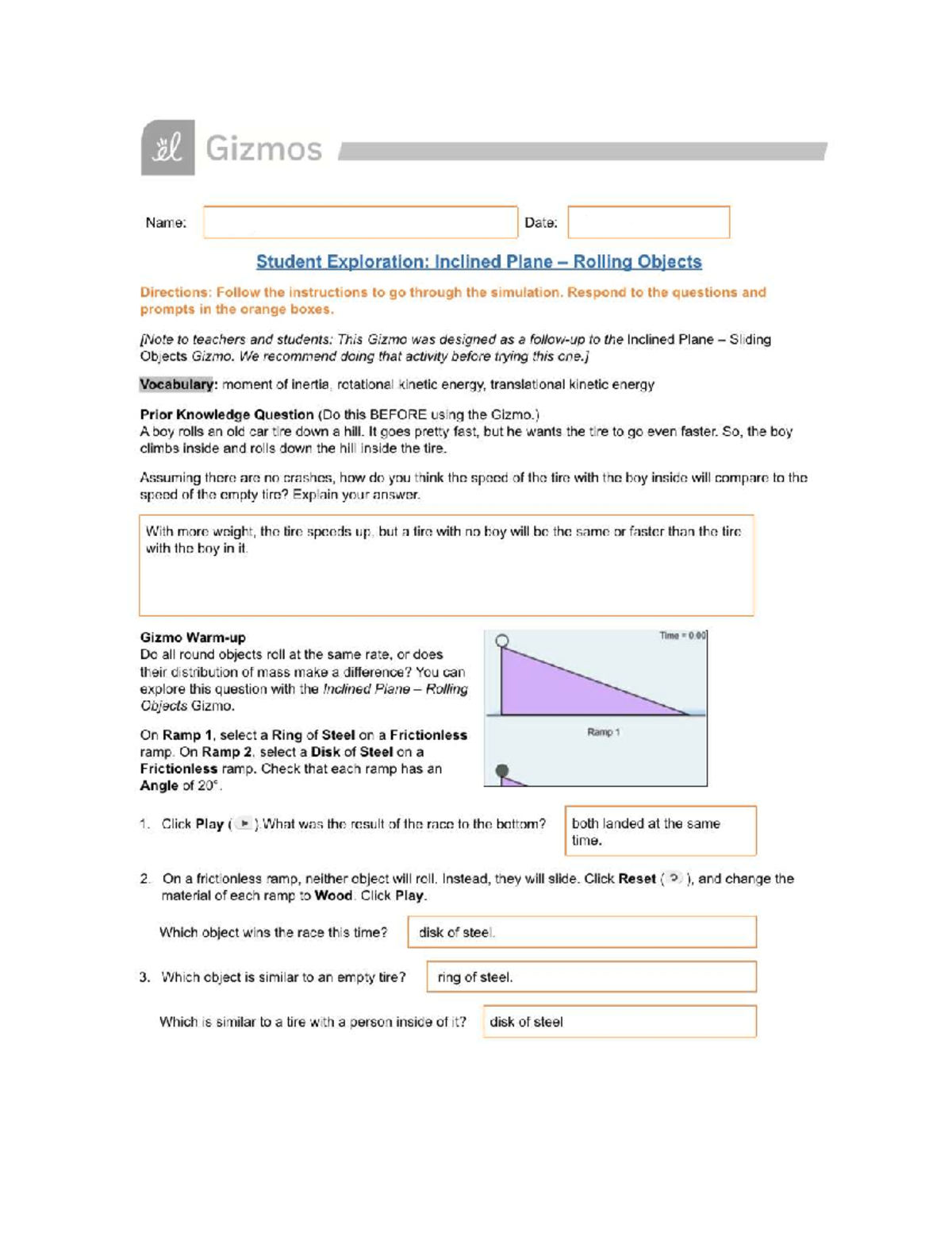 Gizmos Lab: Inclined Plane Rolling Objects Exploration (GIZMO-101) - Studocu