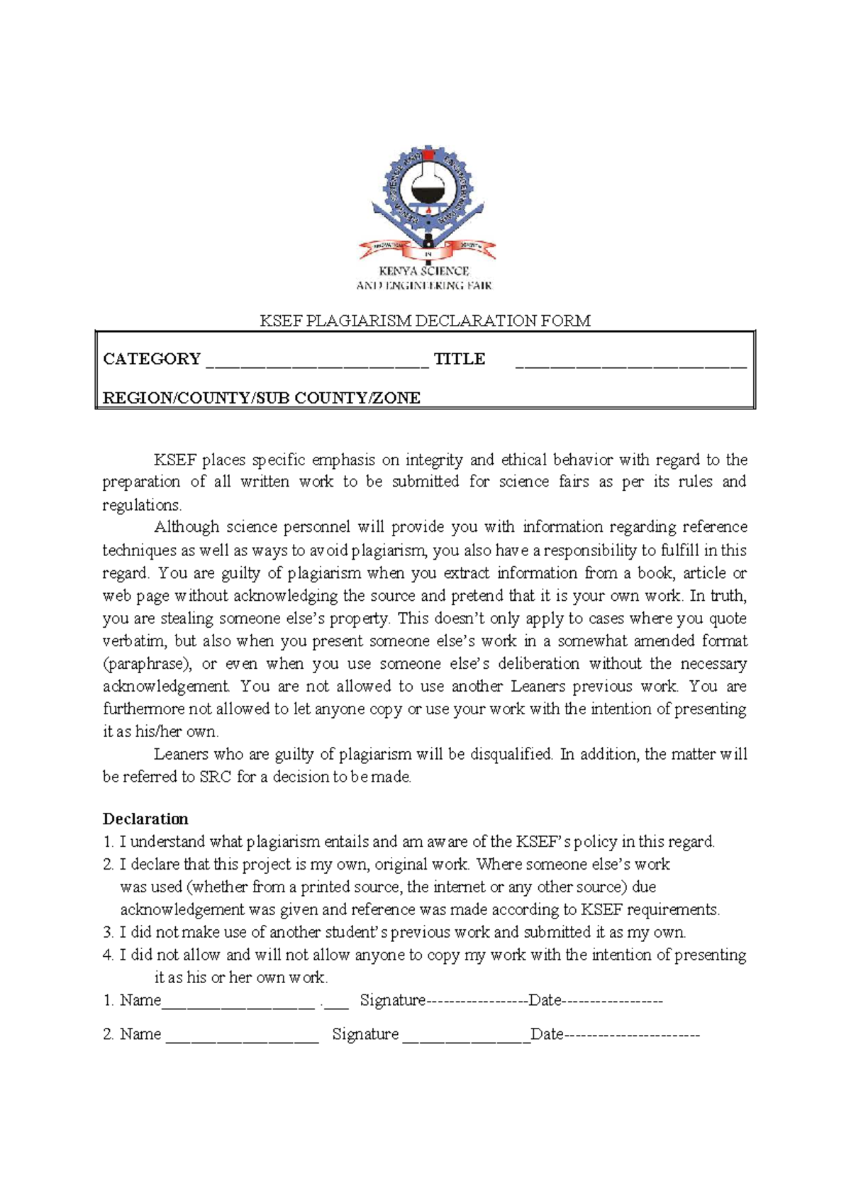 KSEF Plagiarism Declaration Form: Integrity in Science Projects - Studocu