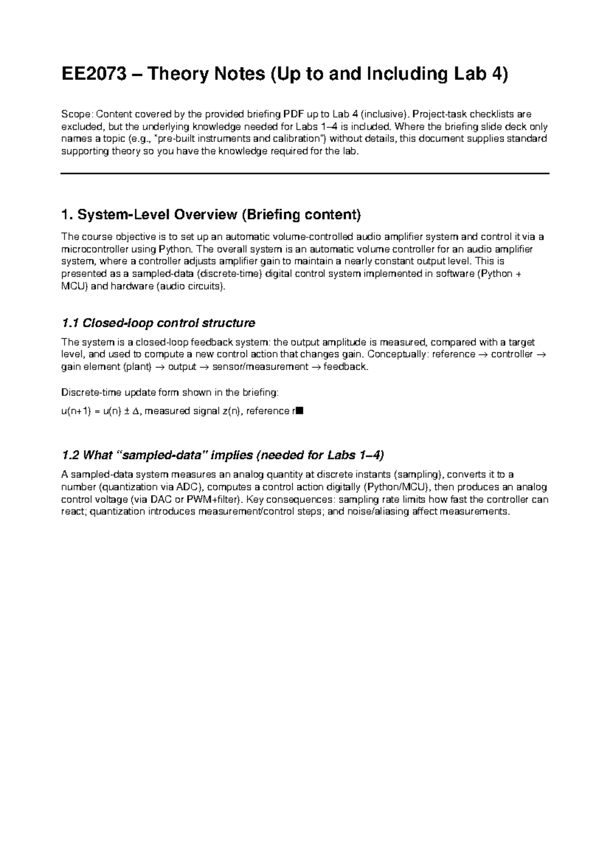 EE2073 Theory Notes: Key Concepts for Labs 1-4 - Studocu