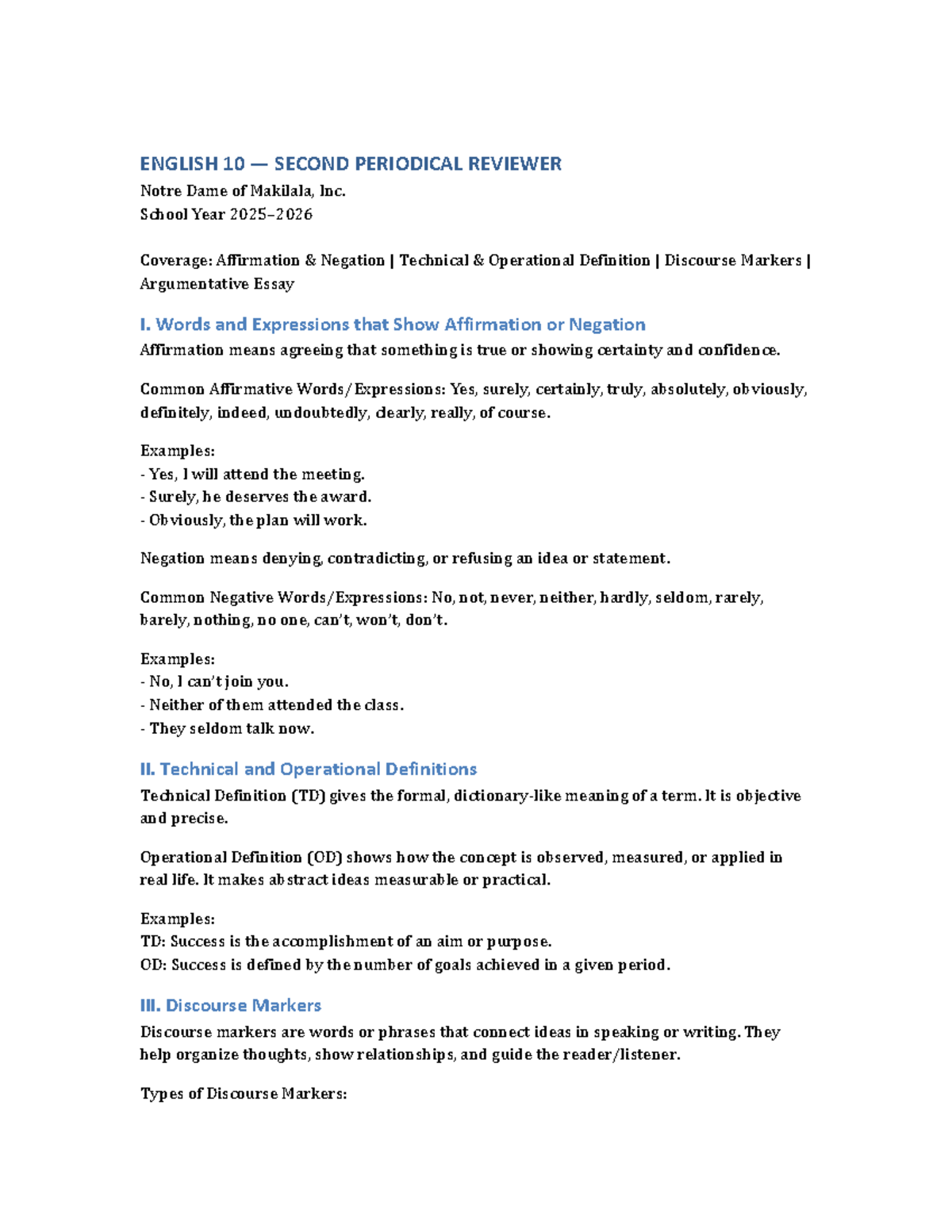 ENGLISH 10 SECOND PERIODICAL REVIEWER: Affirmation, Negation ...