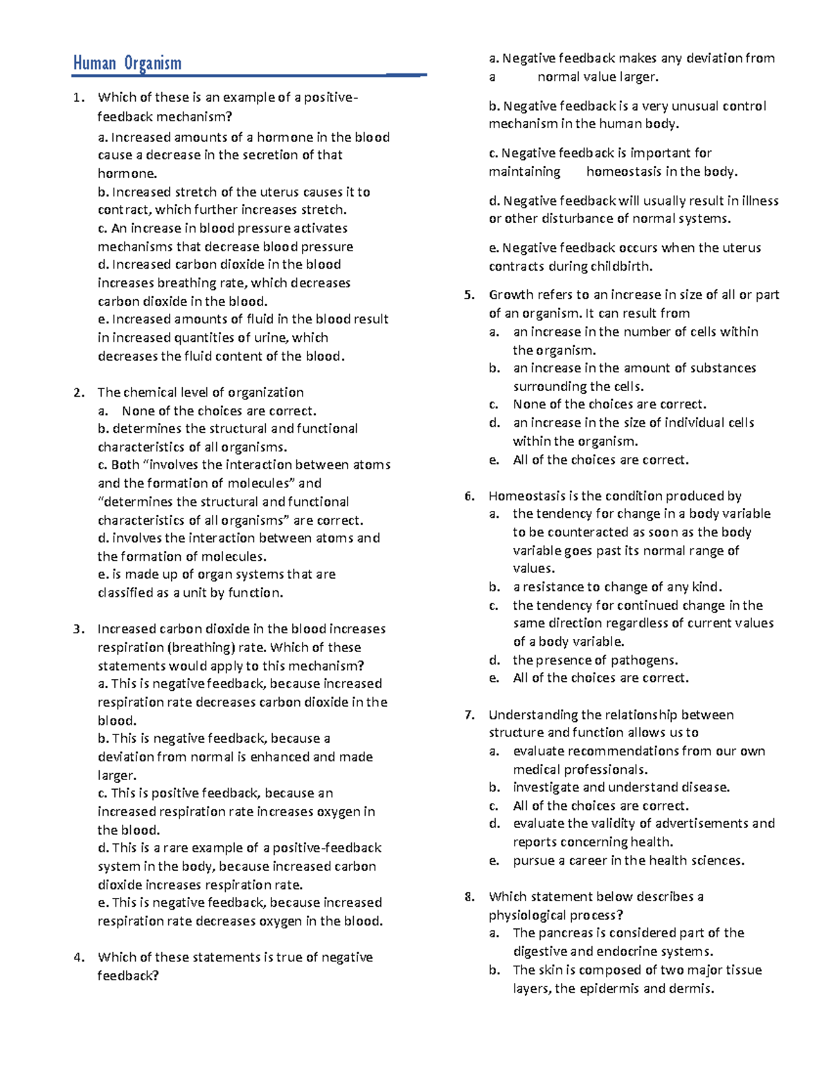 Human Organism & Skeletal System Practice Test Preparation - Studocu