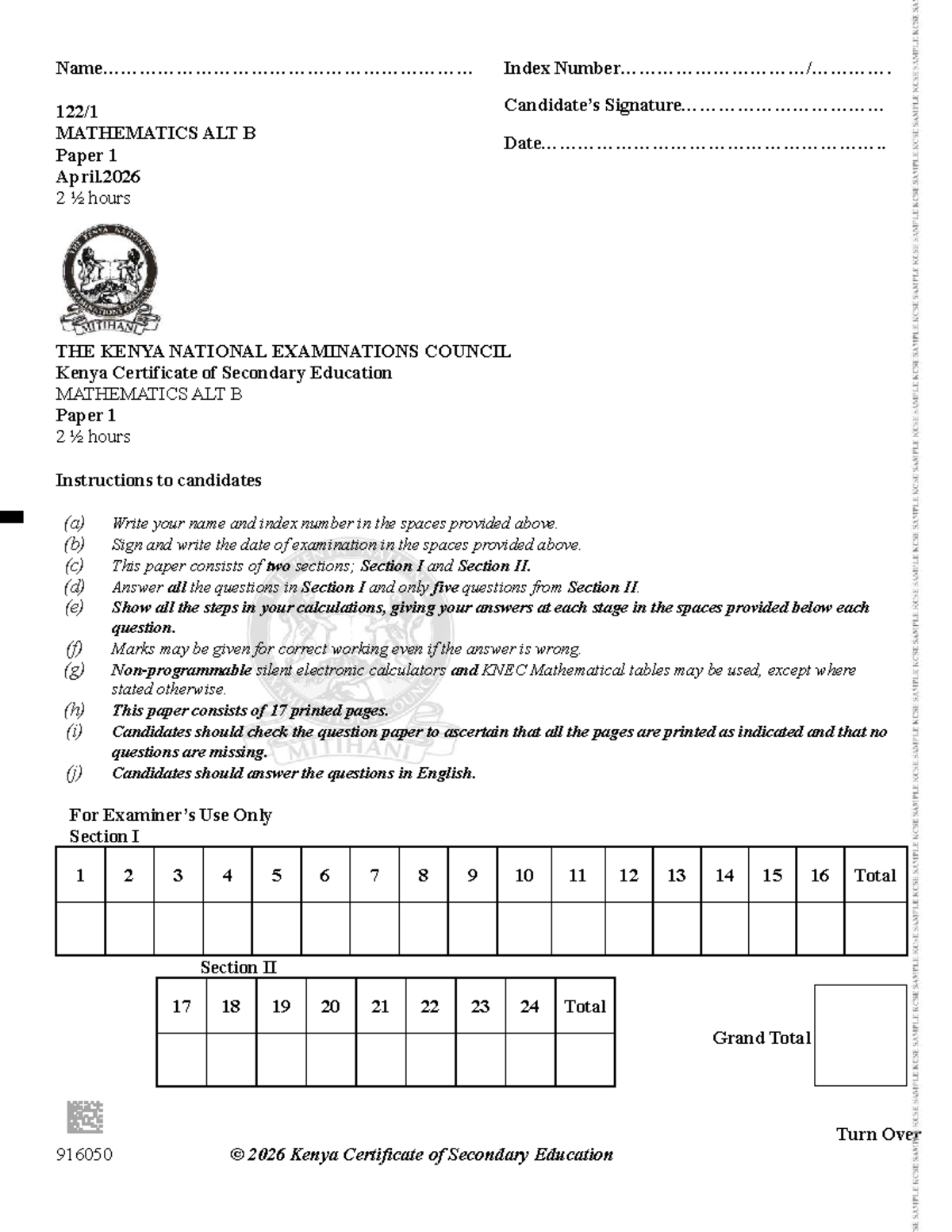 Mathematics 2026 KCSE Pre-Mock Exam Paper 1 - April - Studocu