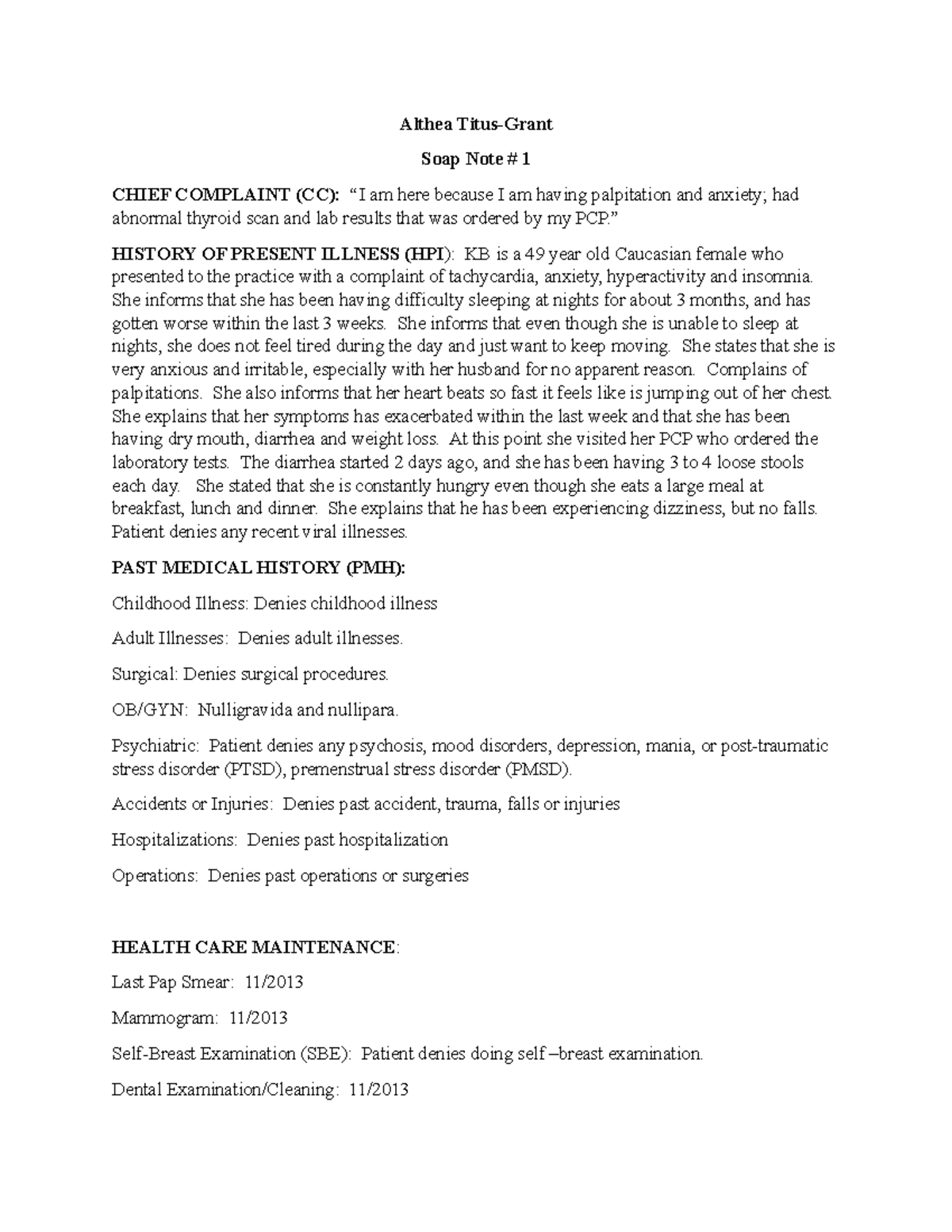 Graves Soap Note Example - Althea Titus-Grant Soap Note # 1 CHIEF ...