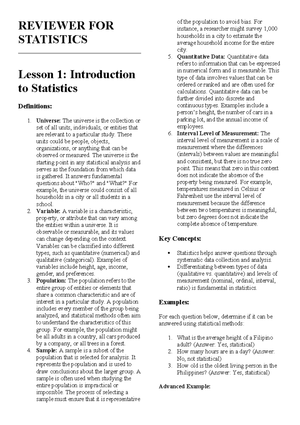 Reviewer FOR Statistics - REVIEWER FOR STATISTICS Lesson 1 ...
