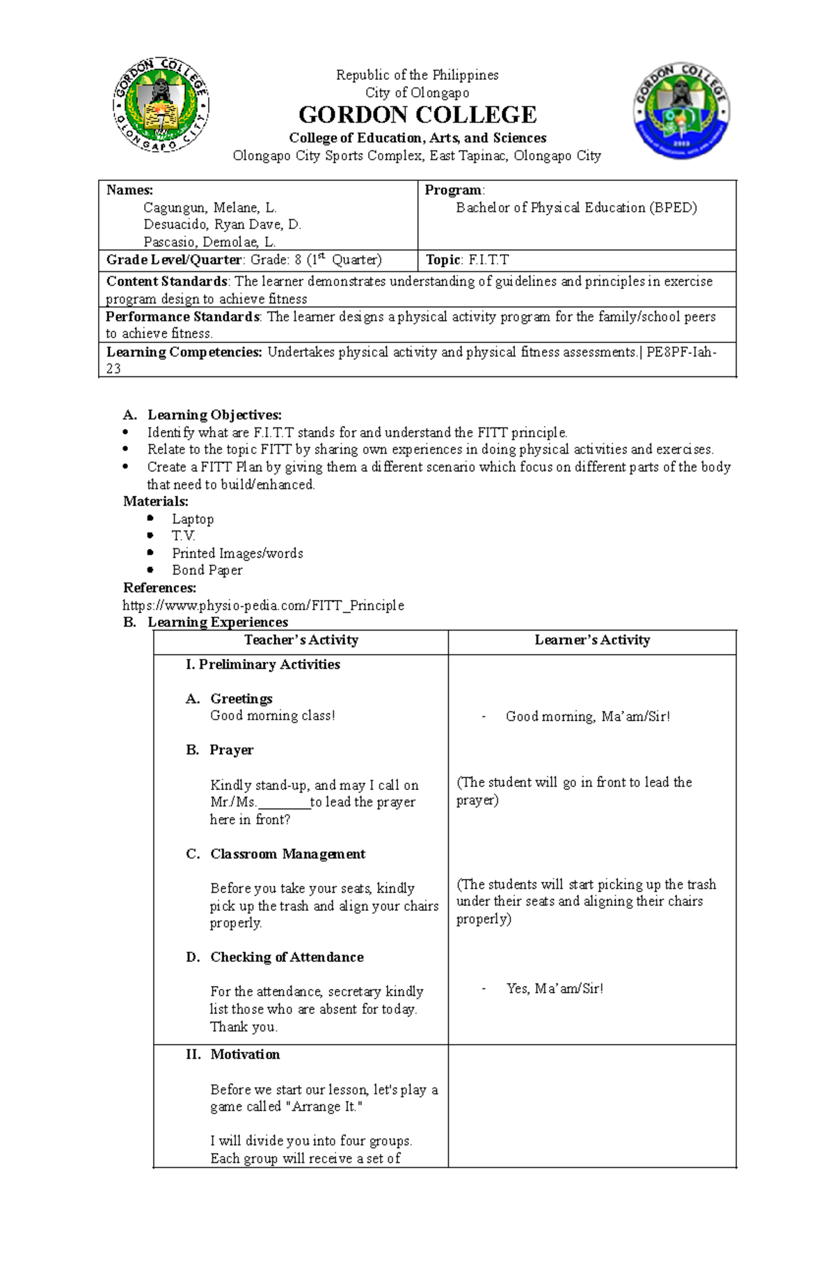 GRP-7-DLP-FITT - Lesson Plan on the FITT Principle for PE 8 - Studocu