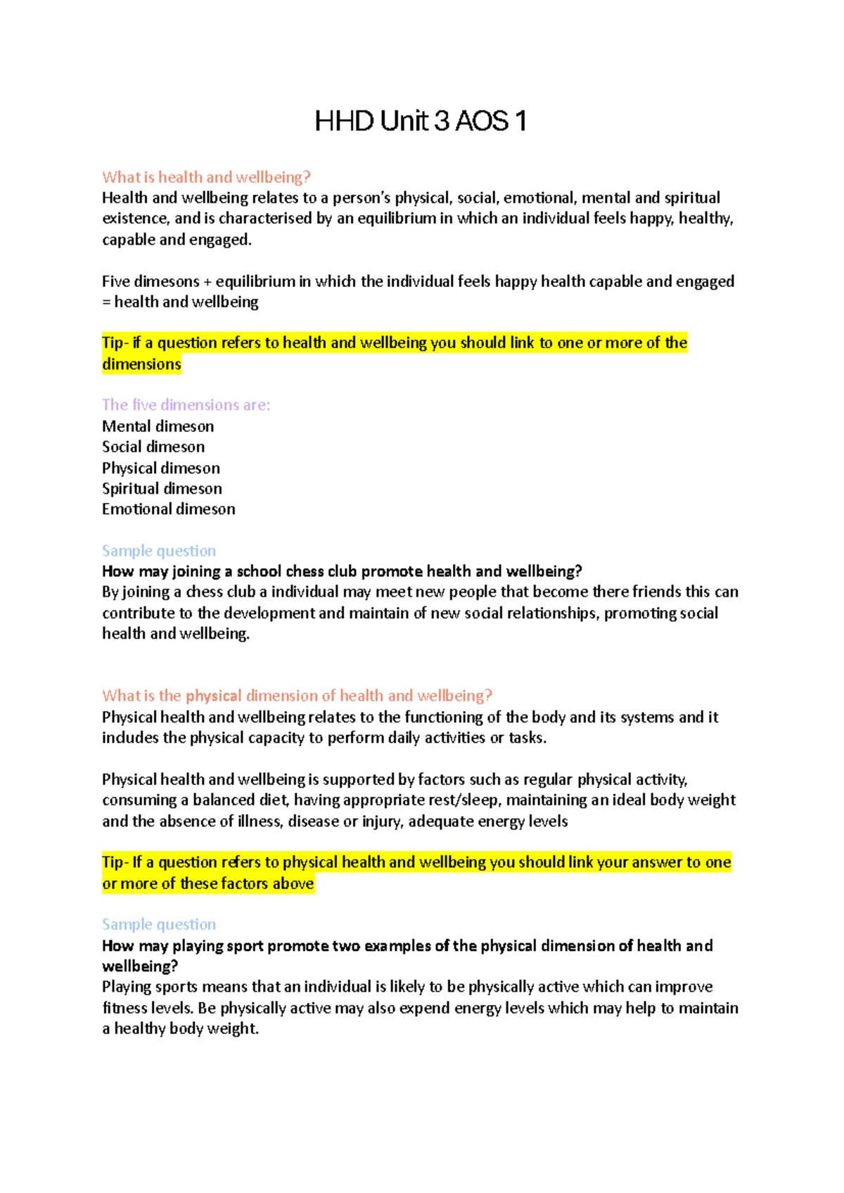 HHD Unit 3 AOS 1: Understanding Health and Wellbeing Dimensions - Studocu
