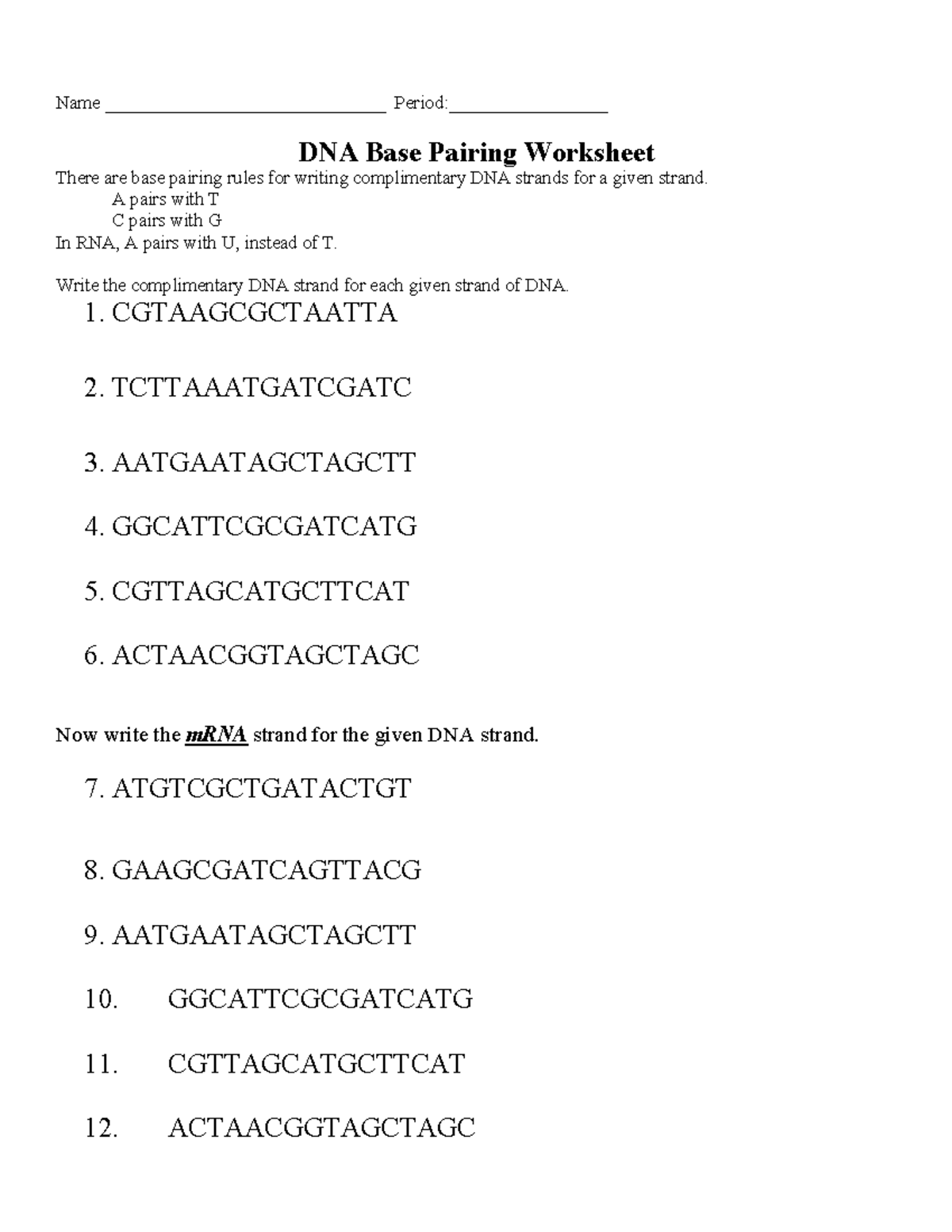DNA Base Pairing Worksheet (9 Base Pairs) - Studocu