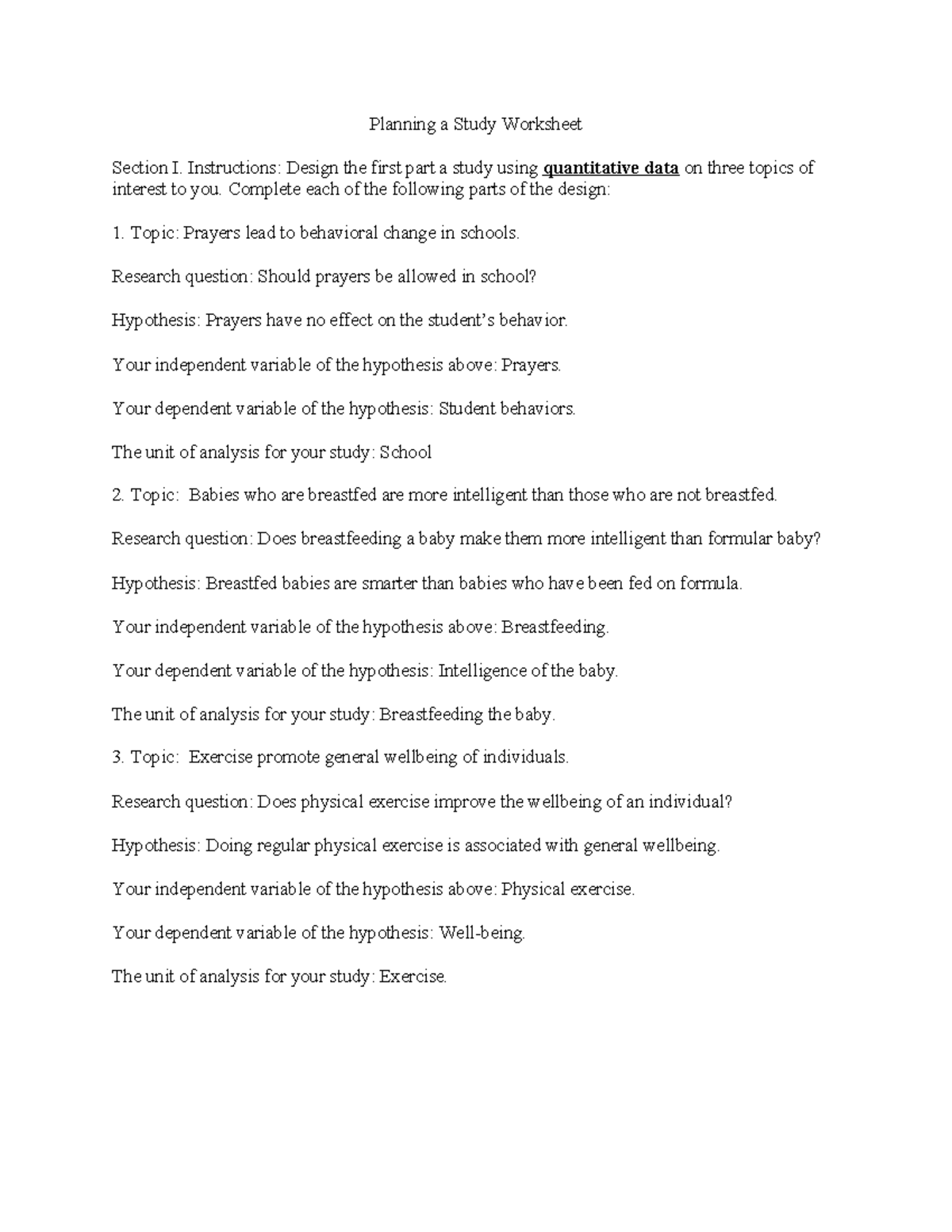 Planning a Study Worksheet - Planning a Study Worksheet Section I ...