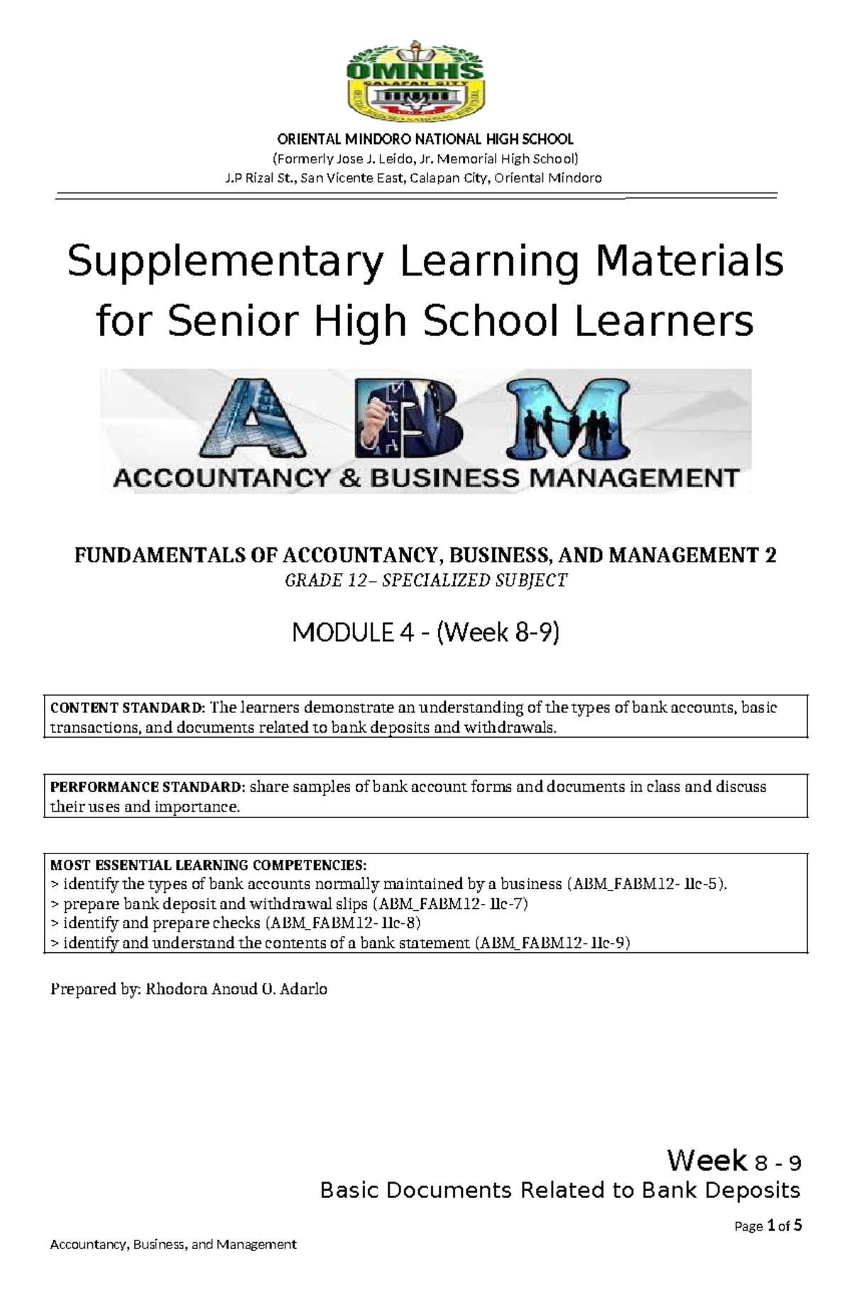 Fundamentals of ABM 2 Q1: Module 8-9 - Bank Accounts & Transactions - Studocu